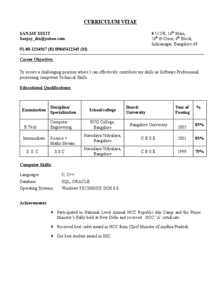 Curriculum Vitae: Sanjay Dixit 91-80-1234567 (R) 09845412345 (M) Career Objective | Download ...