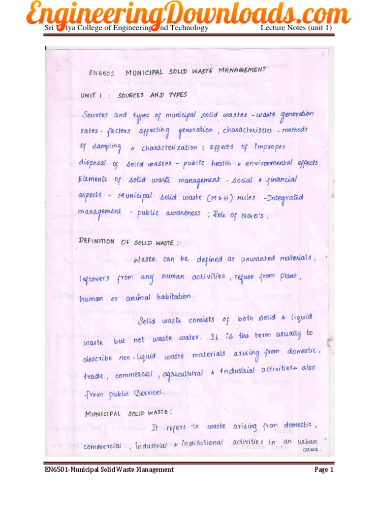 EN6501 Municipal Solid Waste Management Lecture Notes | PDF | Waste ...
