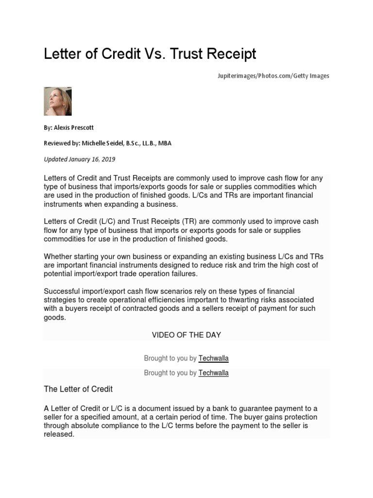 Letter of Credit vs. Trust Receipt: By: Alexis Prescott Reviewed By ...