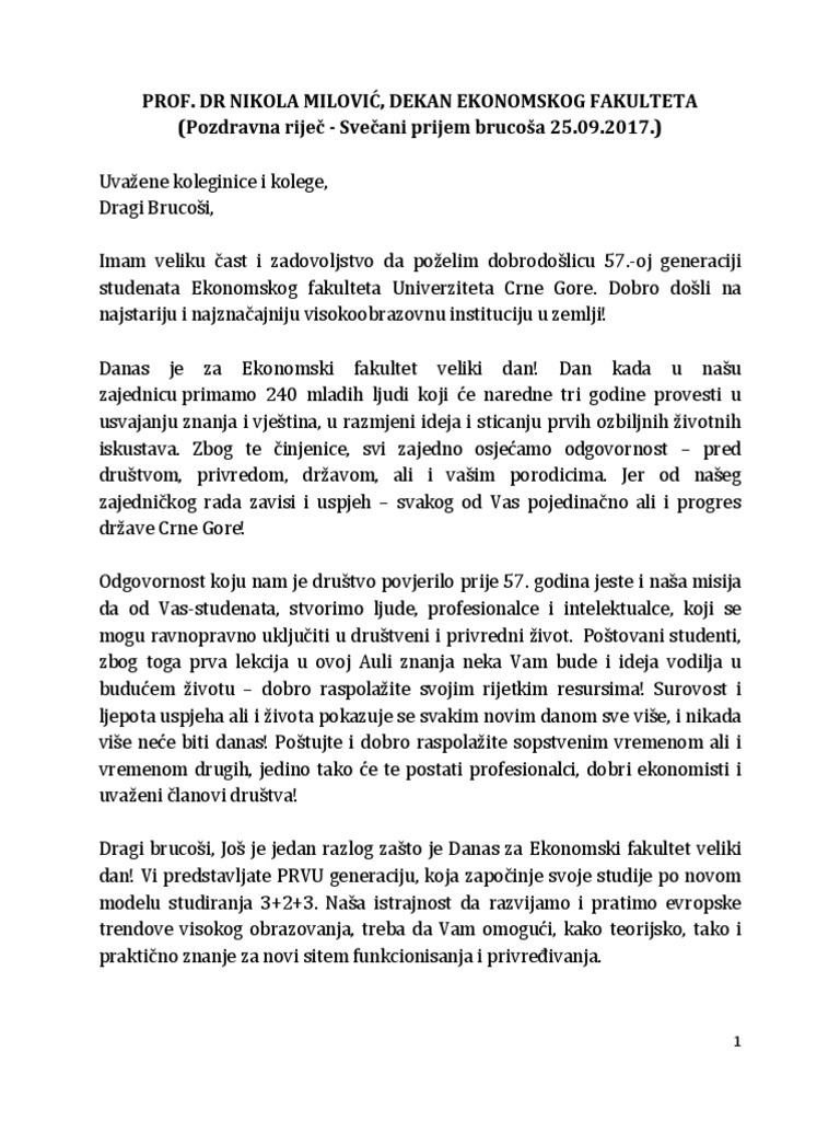 Pozdravni Govor Brucosima Dekan Prof DR Nikola Milovic Ekonomski ...