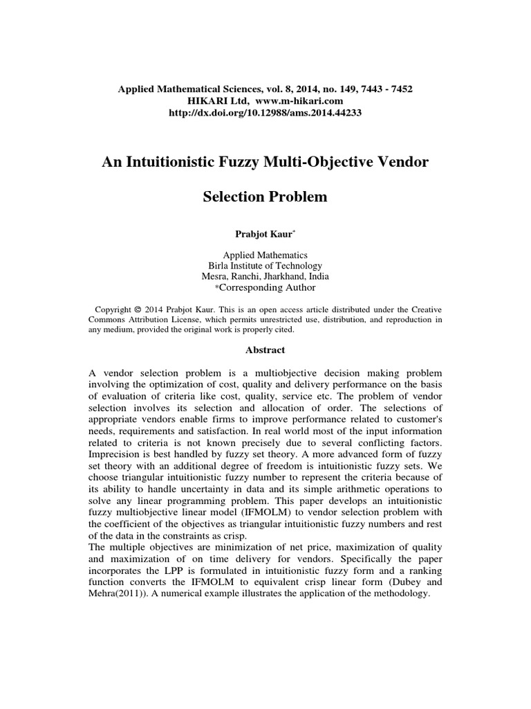 An Intuitionistic Fuzzy Multi-Objective Vendor Selection Problem | PDF | Mathematical ...