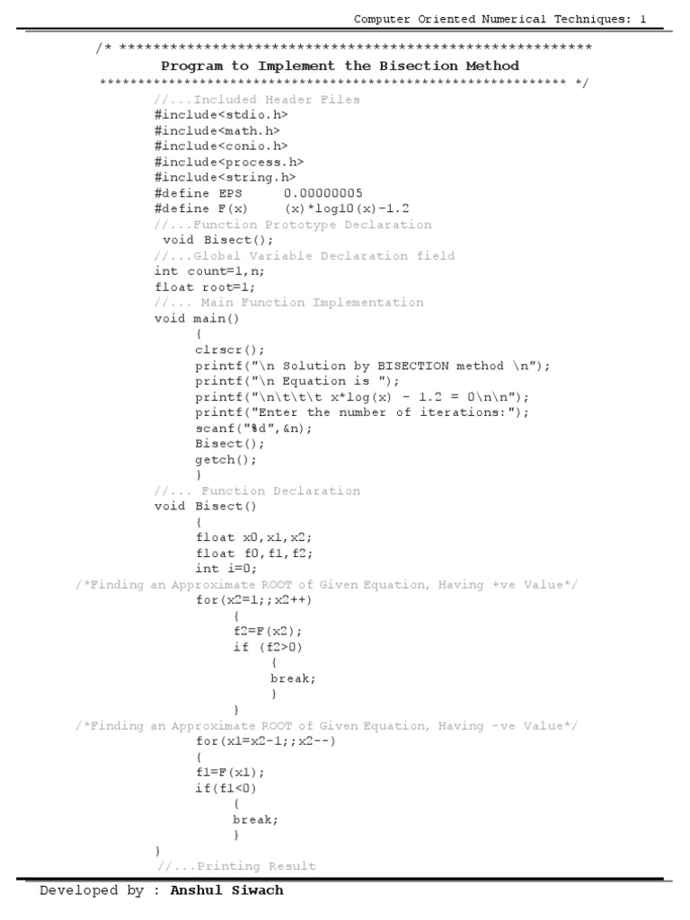 Program To Implement The Bisection Method: Anshul Siwach | PDF ...