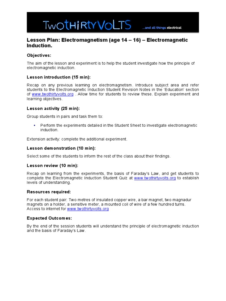 Electromagnetic Induction 14to16 Lesson-Plan | PDF | Electromagnetic ...