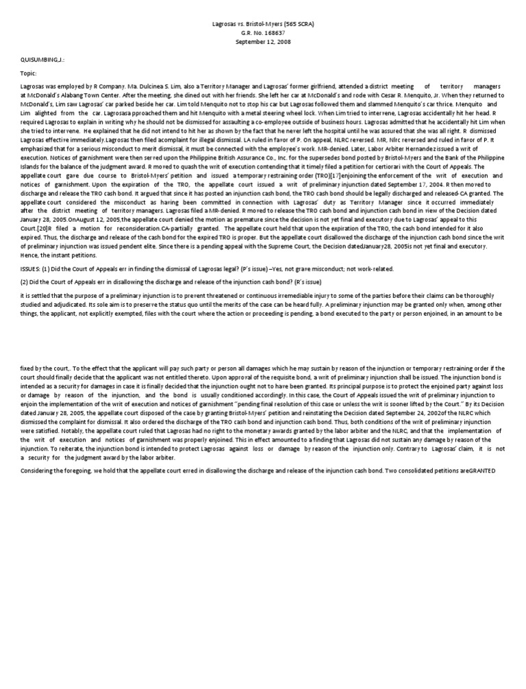 Lagrosas V Brsitol Myers (GR 168637) | PDF | Injunction | Judgment (Law)