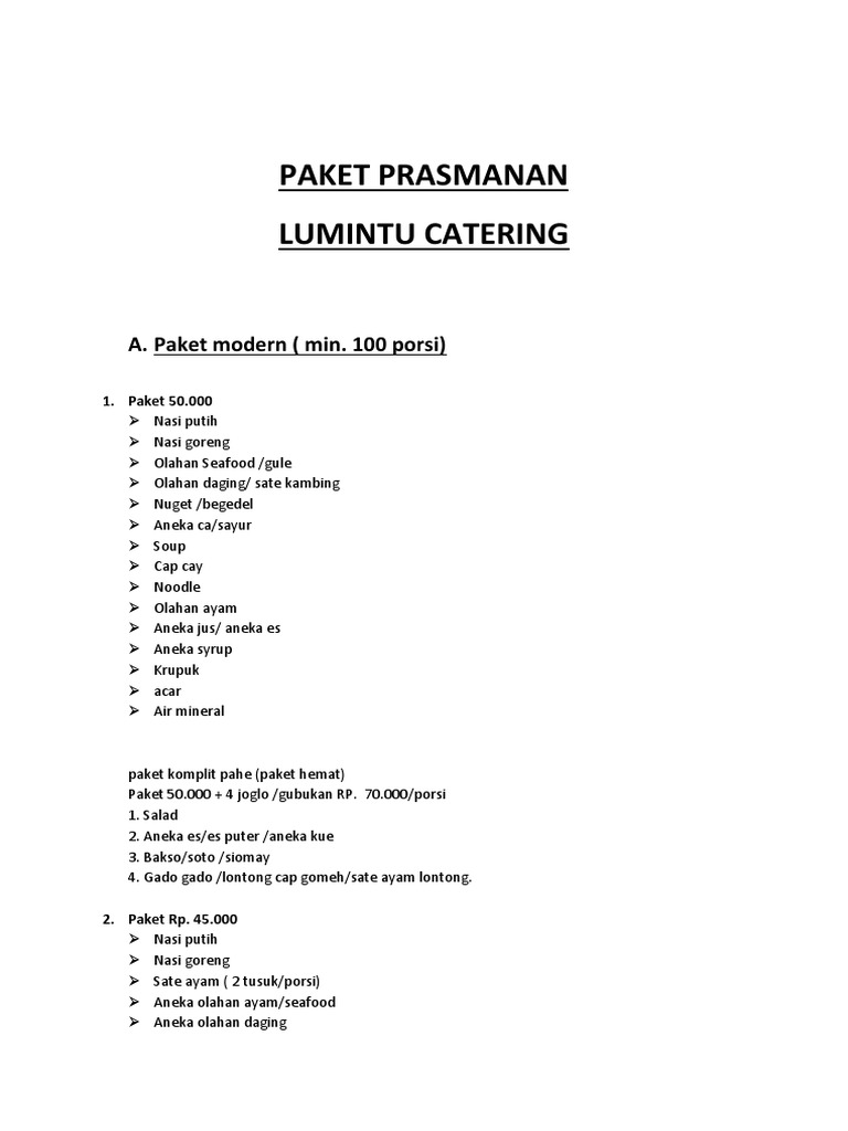 Paket Prasmanan Lumintu Catering: A. Paket Modern (Min. 100 Porsi ...
