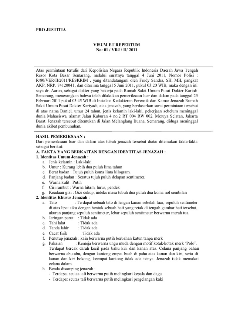 FORENSIK Contoh-Visum-Et-Repertum-PRO-JUSTITIA PDF | PDF