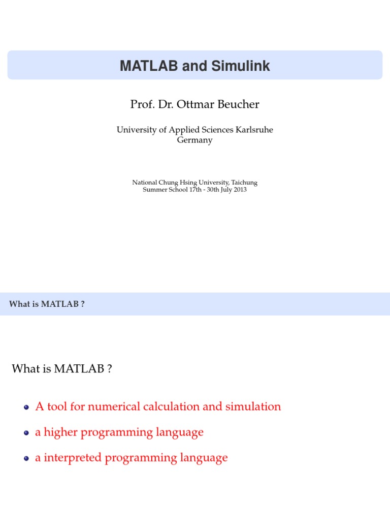 MATLAB and Simulink: Prof. Dr. Ottmar Beucher | PDF | Matlab | Matrix (Mathematics)