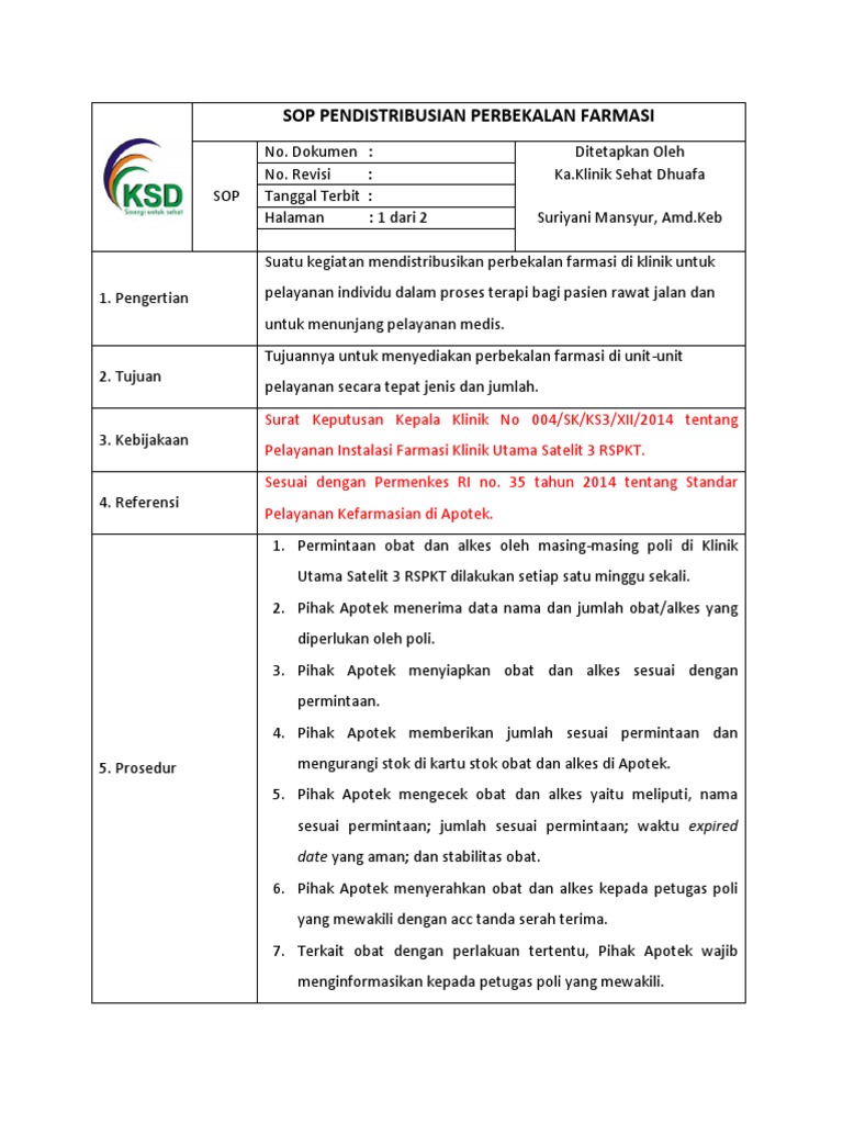 Sop Pendistribusian Perbekalan Farmasi | PDF