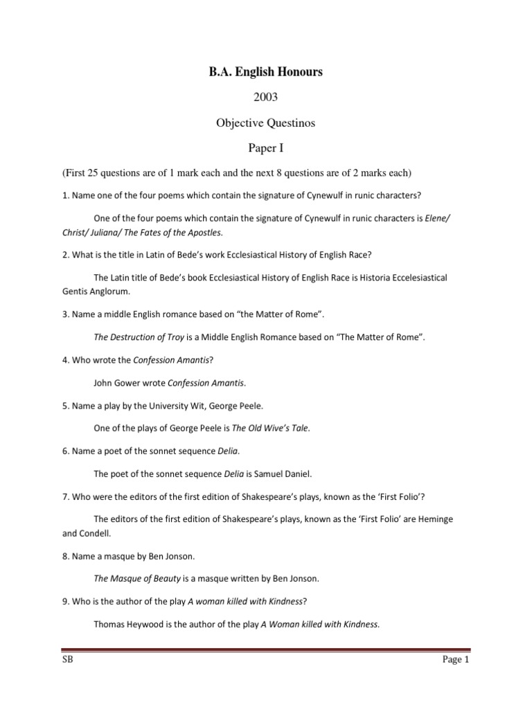 History of English Literature Objective Questions Including Tag ...