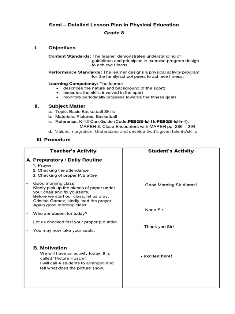 Semi - Detailed Lesson Plan in Physical Education Grade 8 | PDF ...
