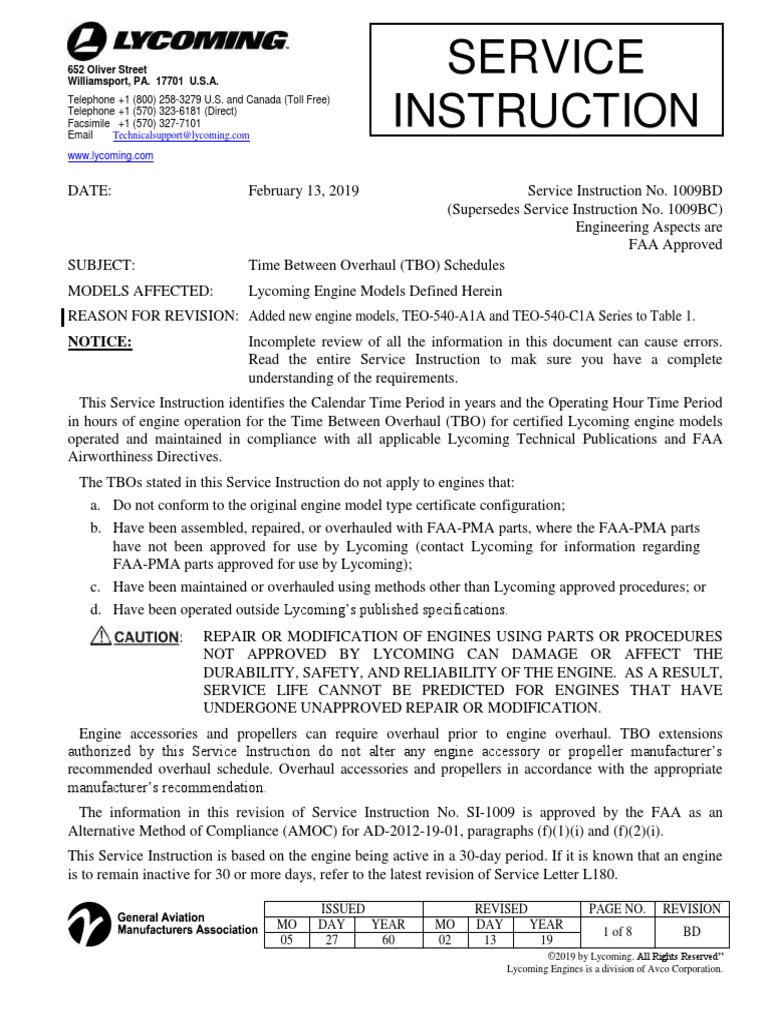 LYCOMING SI1009BD TBO Schedule | PDF | Wear | Engines