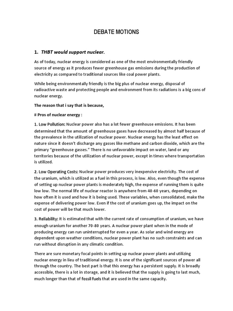 Debate Motions PDF | Download Free PDF | Nuclear Power | Nuclear Reactor