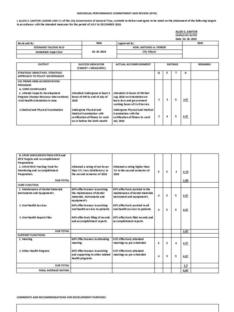 INDIVIDUAL PERFORMANCE COMMITMENT AND REVIEW.pdf | Physical Examination ...