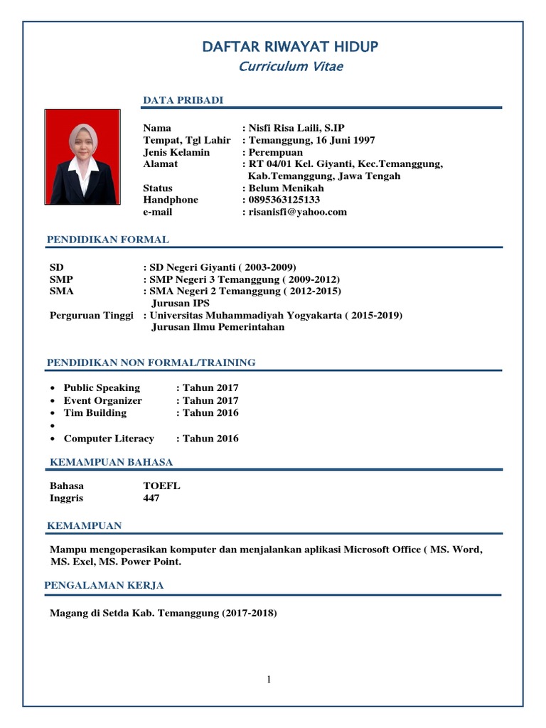 CV Nisfi Risa Laili, S.IP | PDF