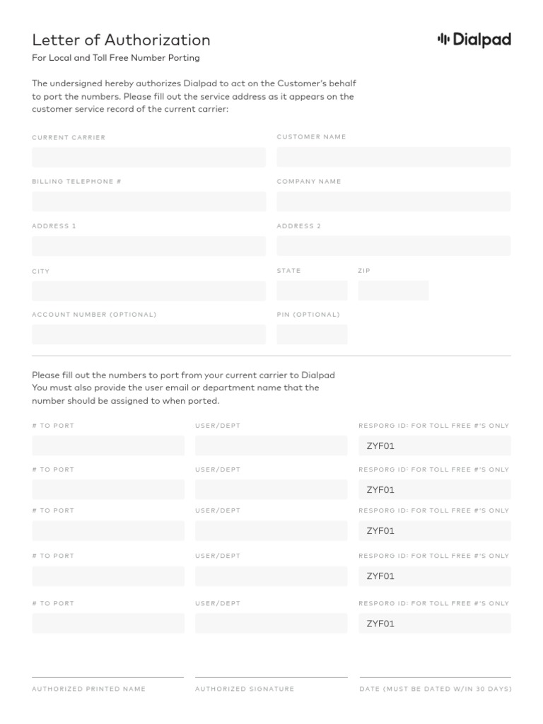 LOA for Dialpad Number Porting | PDF | Finance & Money Management ...
