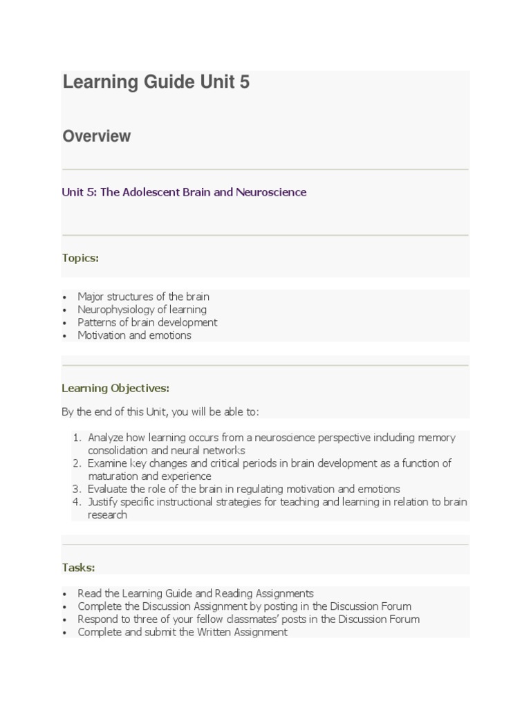 Learning Guide Unit 5: Unit 5: The Adolescent Brain and Neuroscience | PDF | Adolescence | Learning