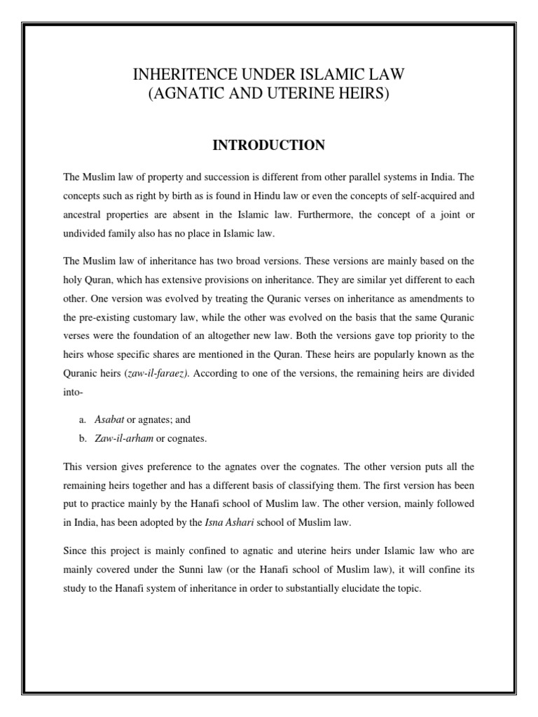 Inheritence Under Islamic Law (Agnatic and Uterine Heirs) | PDF ...