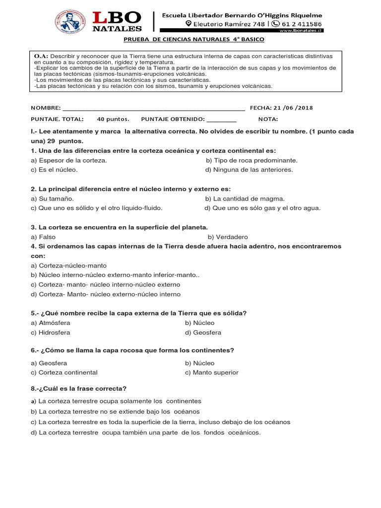 Prueba Capas de La Tierra | PDF | Manto (geología) | Tierra
