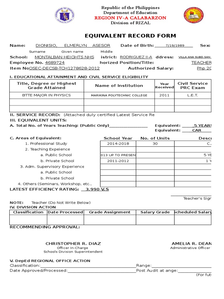 Equivalent Record Form: Region Iv-A Calabarzon | PDF | Behavior Modification | Learning
