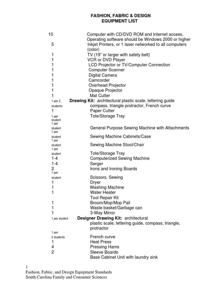 Fashion Fabric and Design Equipment List | PDF | Sewing | Manufactured ...