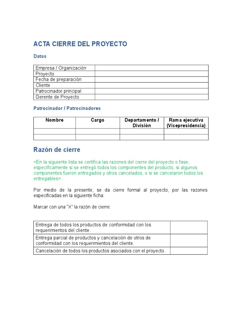 Acta de Cierre Proyecto | PDF | Patrocinador (Comercial) | Informática