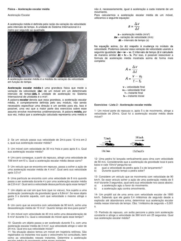 Aceleração Escalar Média: Definição e Exercícios | PDF | Velocidade ...