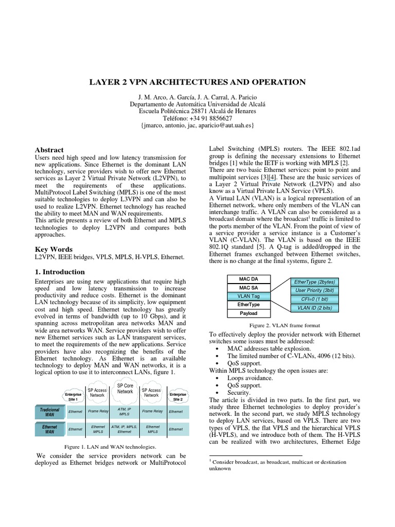 Analysis of Layer 2 VPN Architectures and Operations Using Ethernet and ...