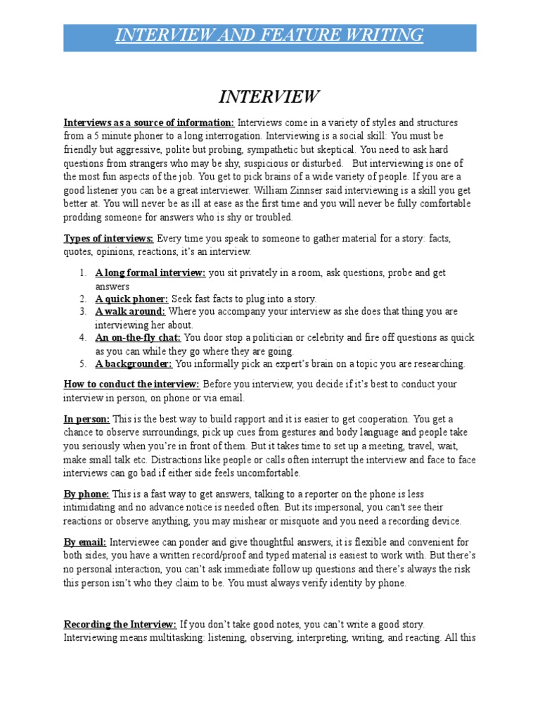 Interview & Feature Writing | PDF | Interview | News