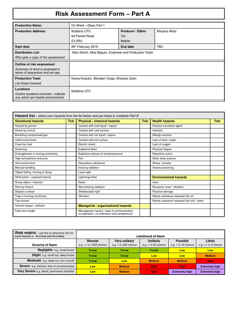 Risk Assessment Form - Part A: On Ward - Glass Part 1 Mulberry UTC 64 ...