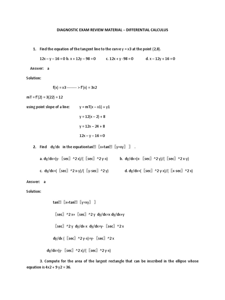 Differential Calculus Diagnostic Exam | PDF | Slope | Tangent