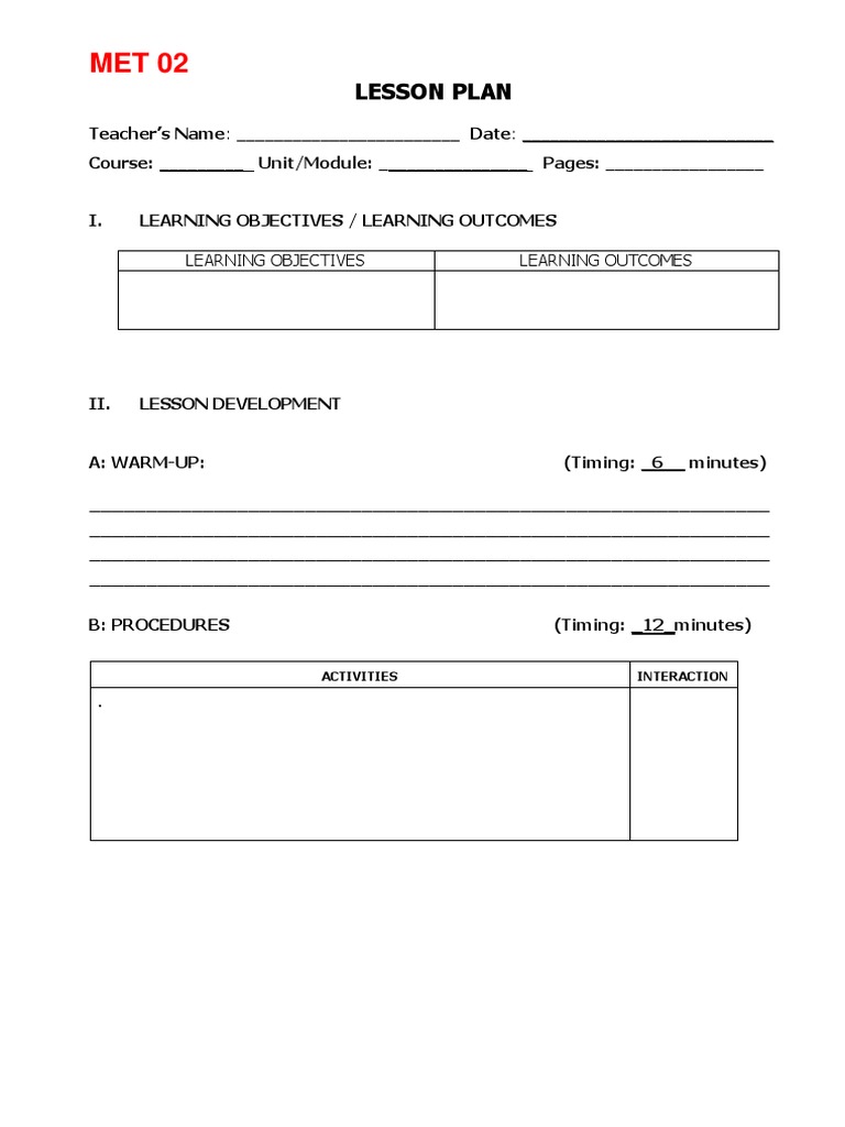 Lesson Plan: Learning Objectives Learning Outcomes | PDF