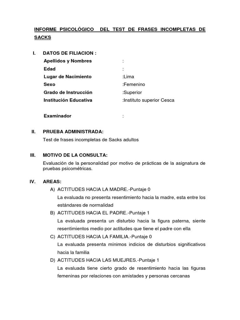Test de Sacks | PDF | Sicología | Conceptos psicologicos