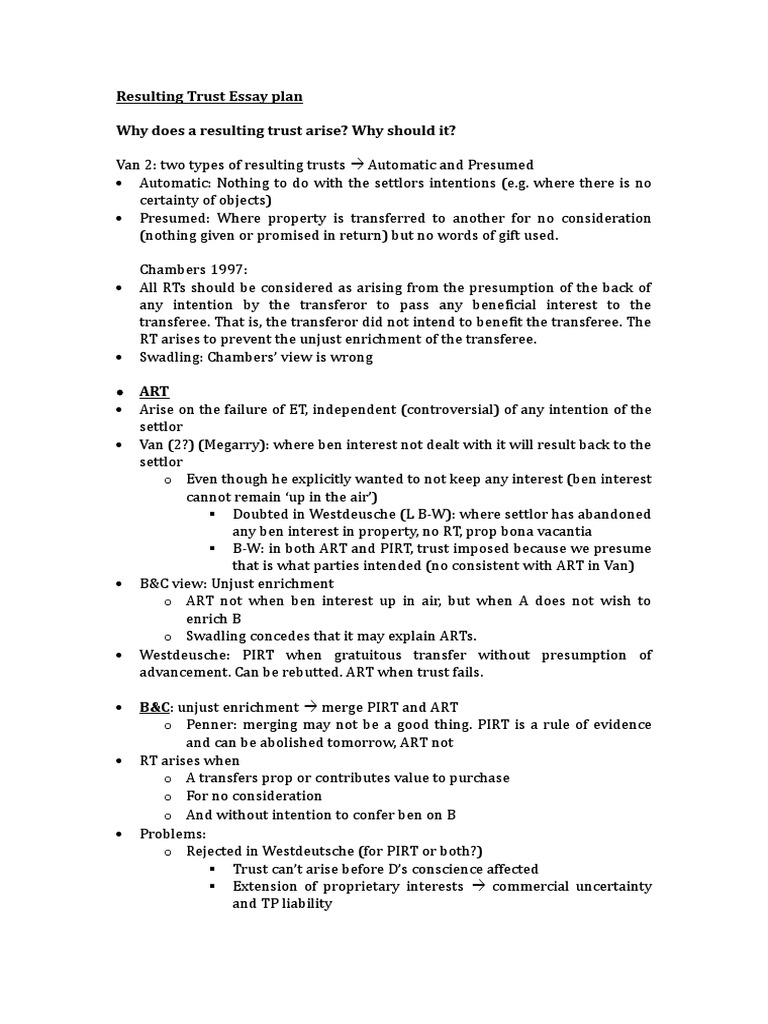 Resulting Trust Essay Plan | PDF | Common Law | Justice