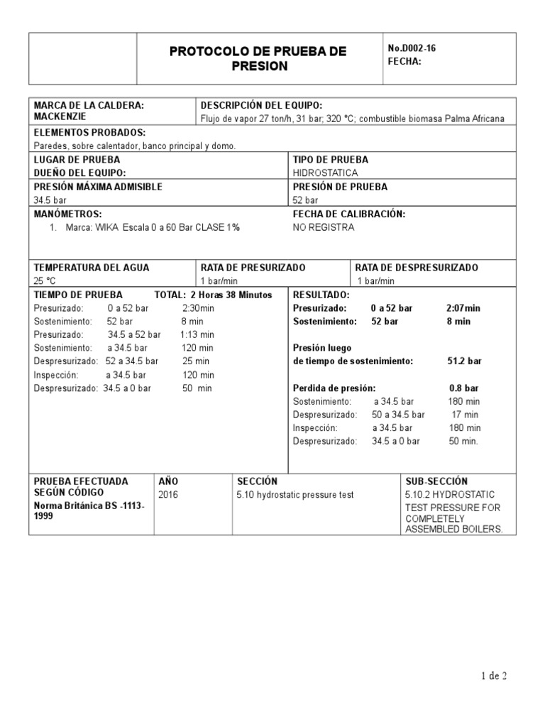 Protocolo Pruebas Hidrostatica | PDF | Presión | Ingeniería Química