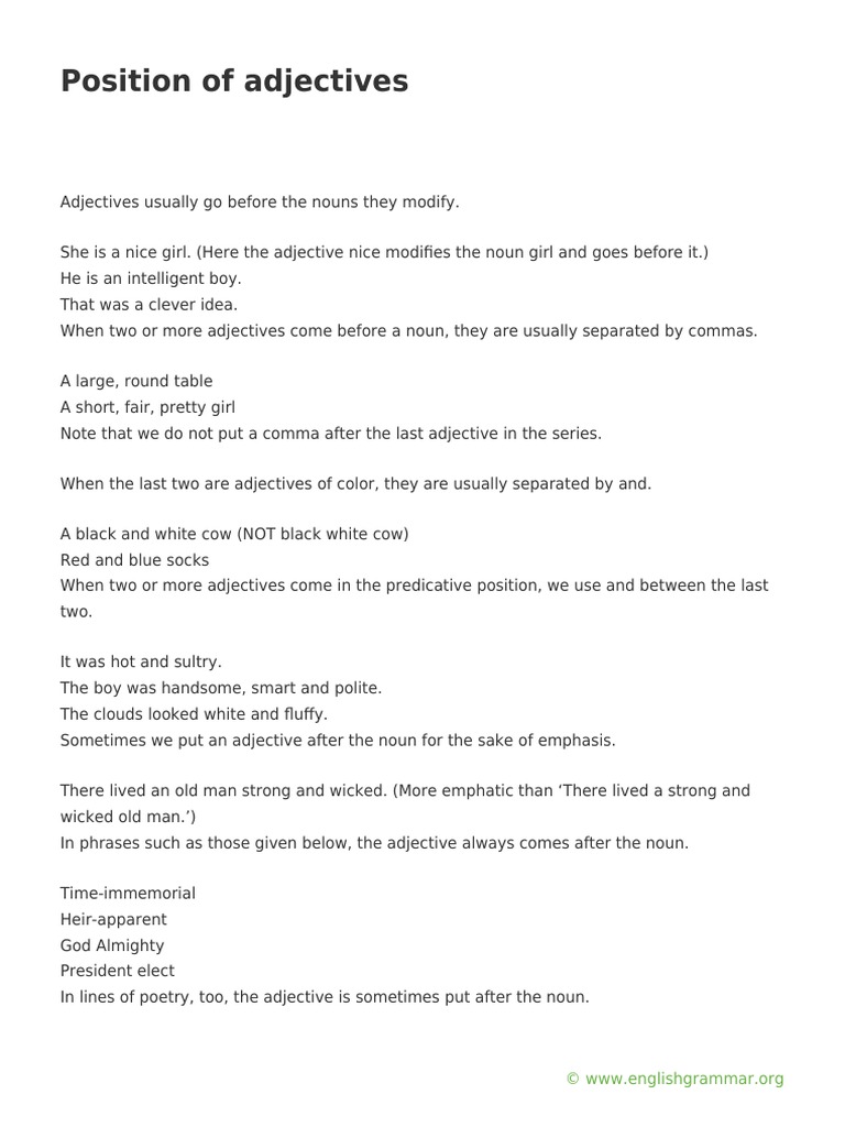 Position of Adjectives | PDF