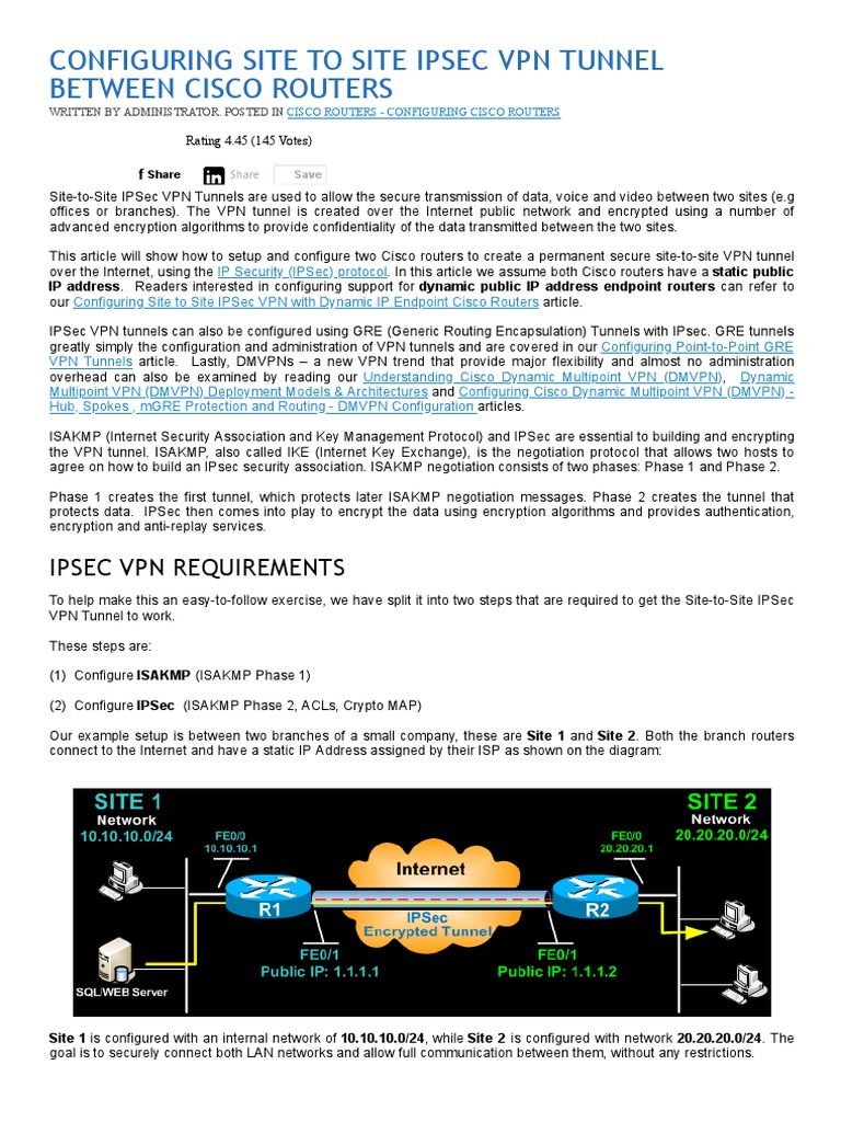 Configuring Site To Site IPSec VPN Tunnel Between Cisco Routers | PDF ...