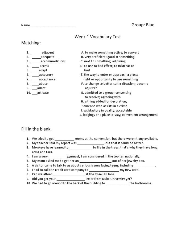 Week 1 Vocabulary Test Blue Group | PDF