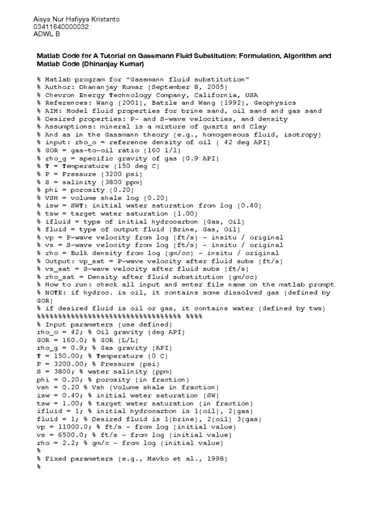 Matlab for Gassmann Fluid Substitution | PDF | Density | Porosity