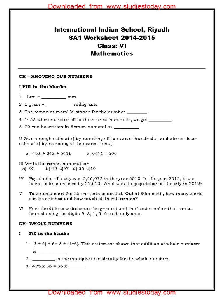 Class 6 Maths Chapter 1 Worksheet | PDF | Circle | Geometric Shapes