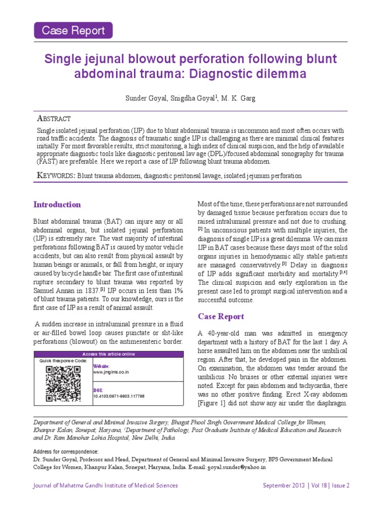 Single Jejunal Blowout Perforation Following Blunt Abdominal Trauma: Diagnostic Dilemma | PDF ...