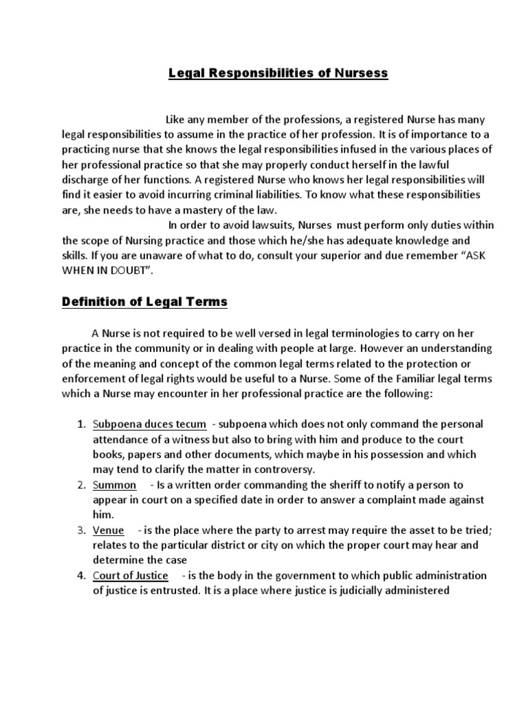 Jurisprudence Legal Responsibilities of Nurses | PDF | Defamation ...