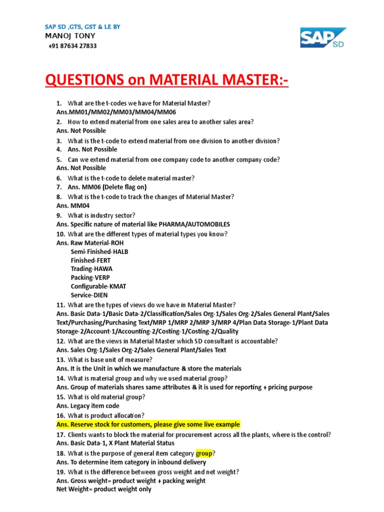 6-Material Master Interview Question With Answers | PDF | Invoice ...