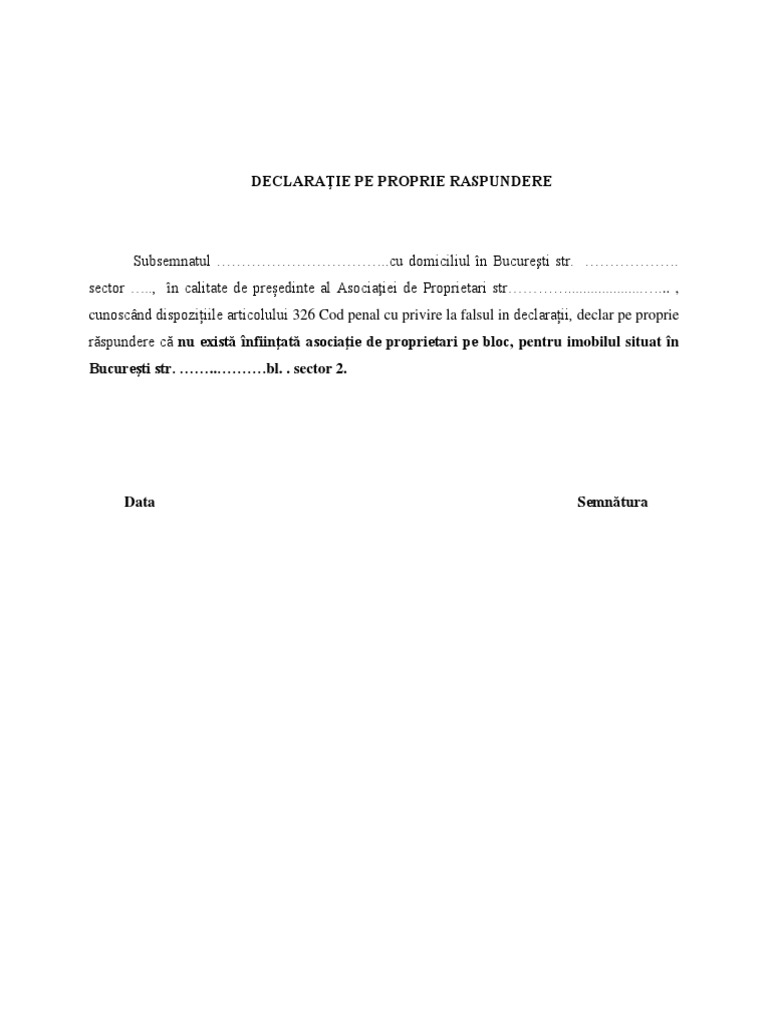 Model Declaraţie Proprie Răspundere - Înfiinţare Pe Scară - Asociatii ...