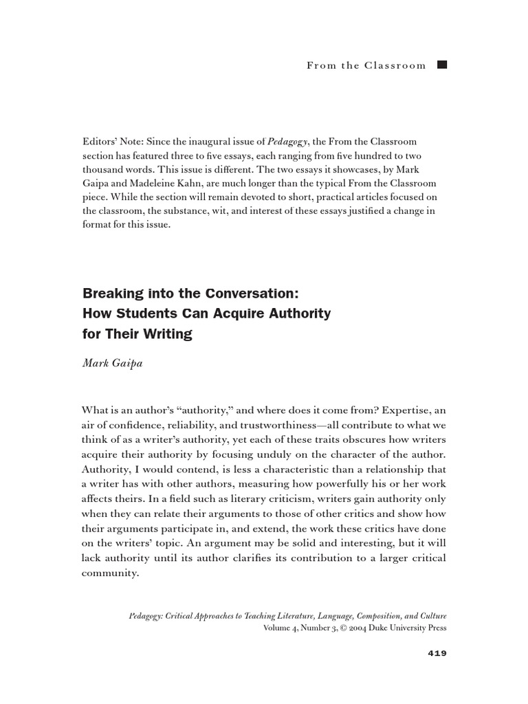Gaipa 2004 Breaking Into The Conversation | PDF | Criticism | Essays