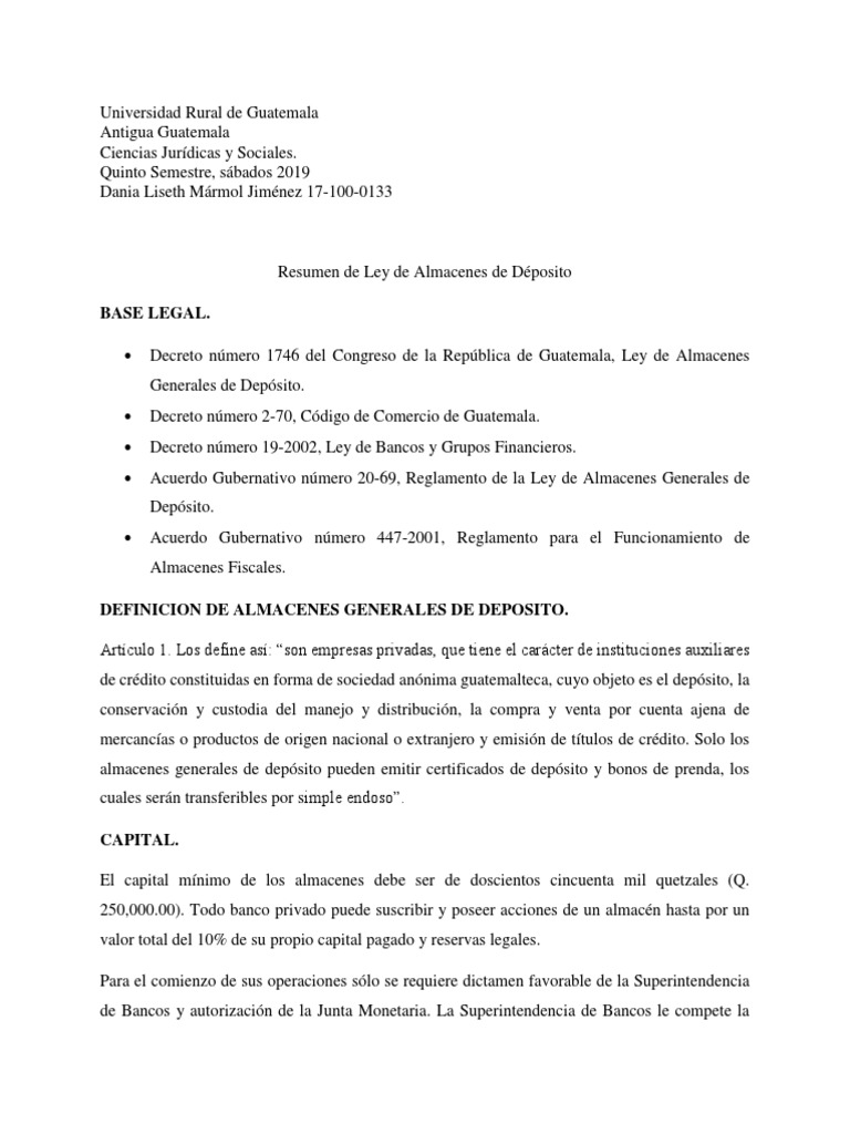 Resumen Ley de Almacenes Generales de Deposito | PDF | Almacén | Comercio