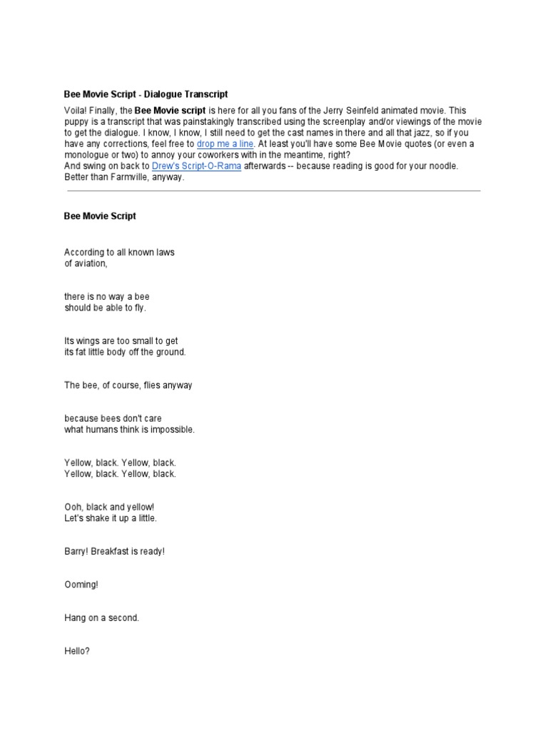 Bee Movie Script - Dialogue Transcript: Drop Me A Line Drew's Script-O ...