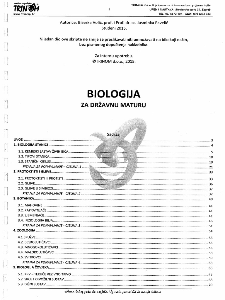 Biologija Trinom Skripta | PDF