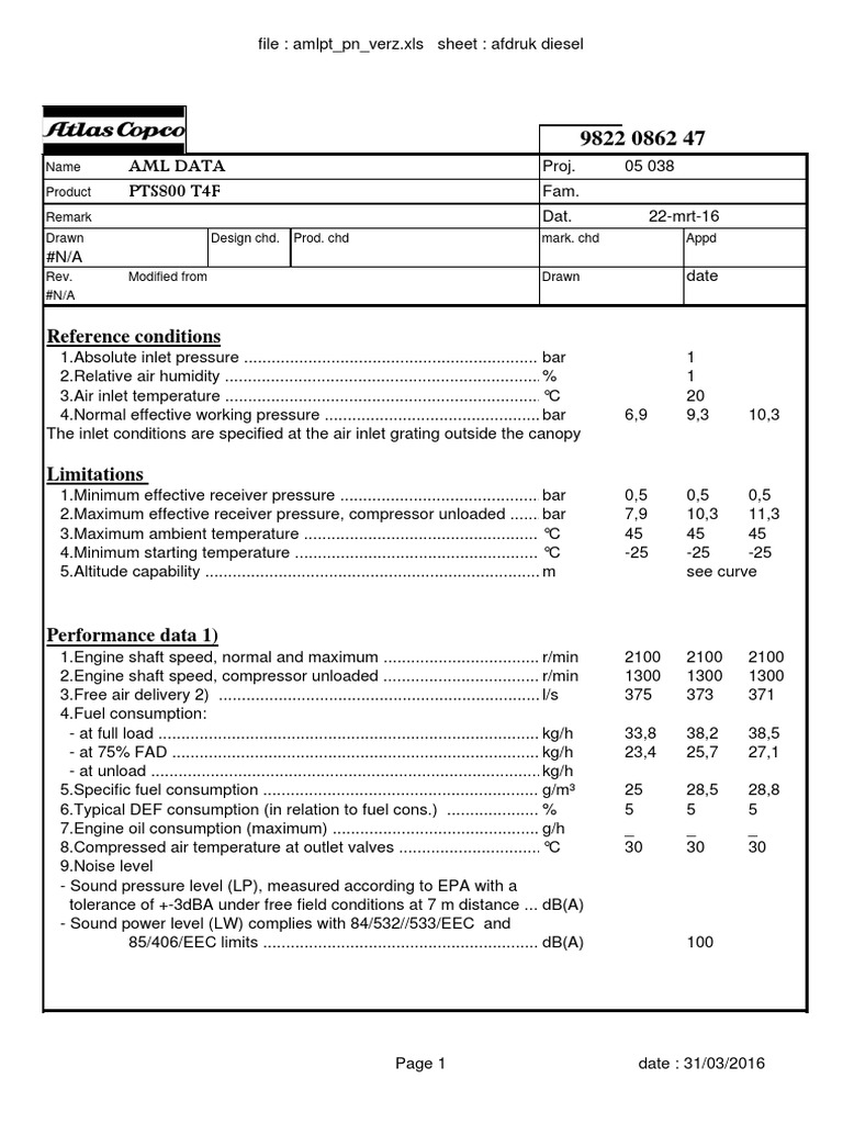 PTS800 T4F Diesel Compressor Data | PDF | Diesel Engine | Motor Oil