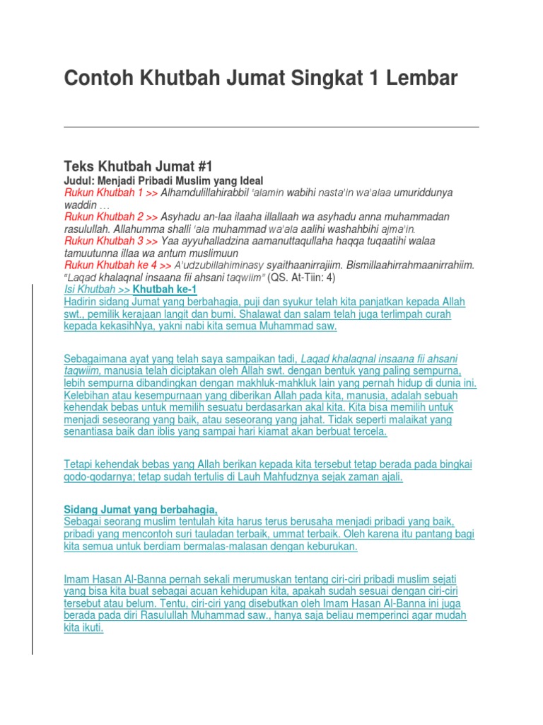 Contoh Khutbah Jumat Singkat 1 Lembar | PDF