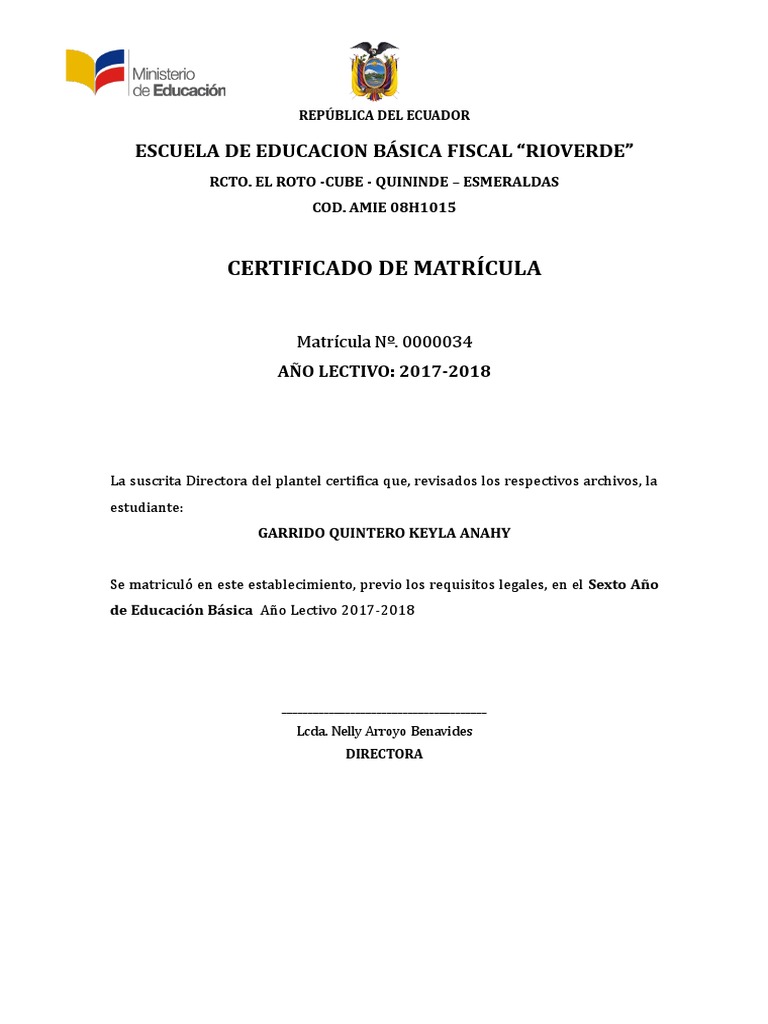 Certificado de Matricula 2017 | PDF | Etapas educativas | Educación ...